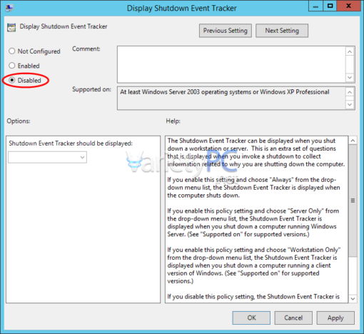 วิธีปิด Display Shutdown Event Tracker บน Windows Server 2012 ...