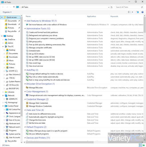 วิธีสร้างชอร์ตคัท Control Panel All Tasks บน Windows 10 | VarietyPC.net
